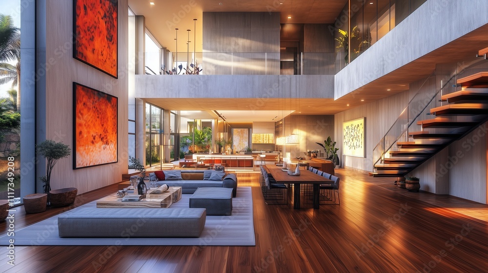 Spacious villa interior showcasing an elegant open-plan living and ...