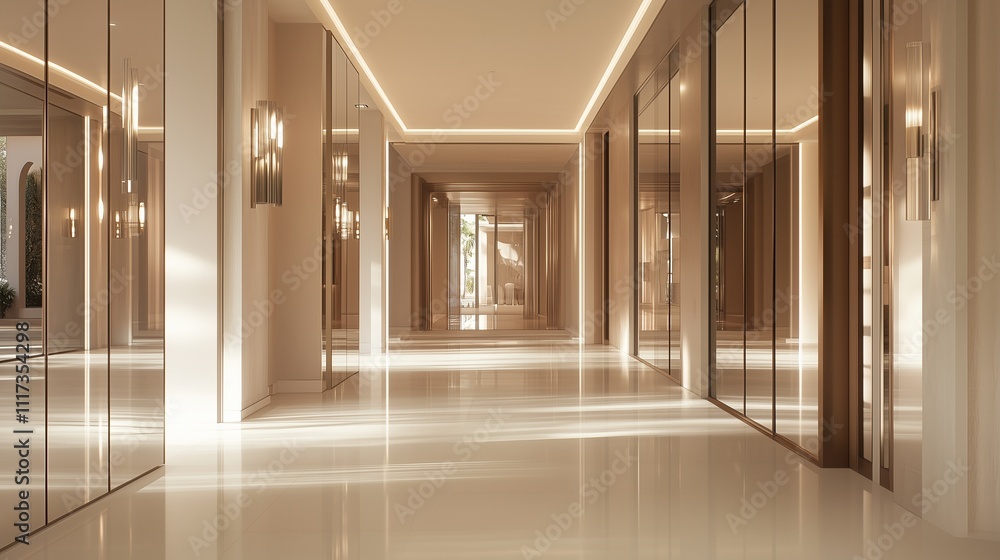 Villa interior with a spacious hallway, elegant light fixtures, and ...