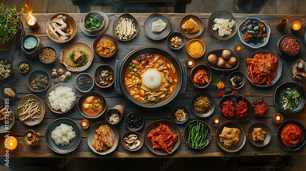 An aerial view of a traditional Korean table with tteokguk as the ...