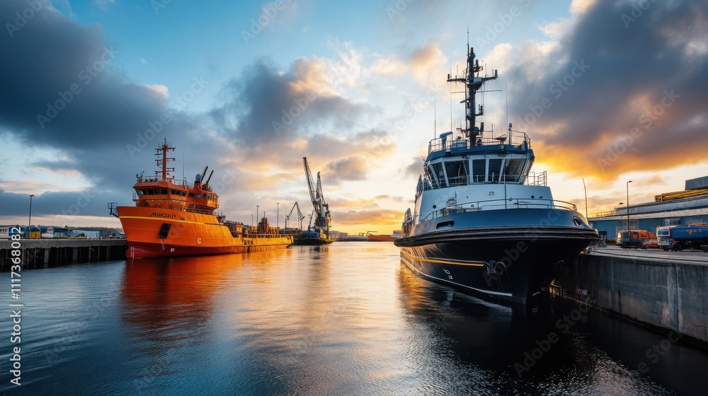 Foto de Stock Stunning Sunset Reflection Over Harbor with Tugboat and ...