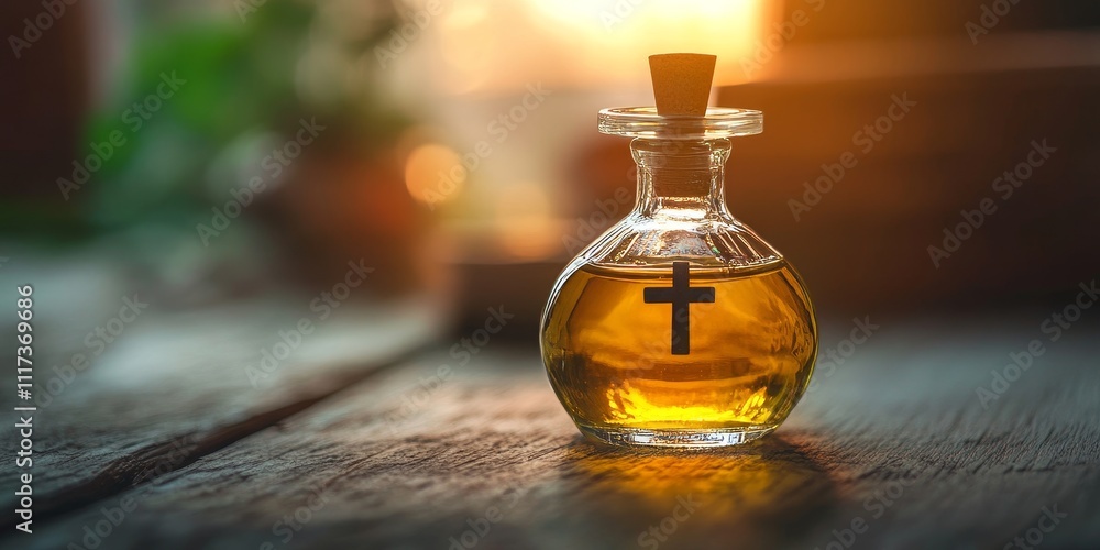 Holy chrism displayed in a small bottle during a baptism ceremony ...
