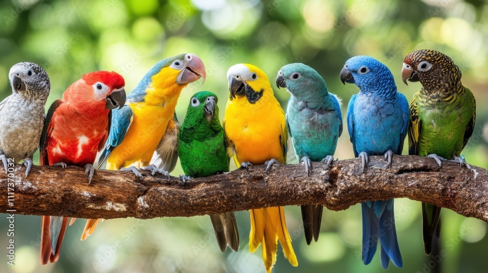 Bird Health Awareness Week Vibrant parrots on a branch against a lush ...