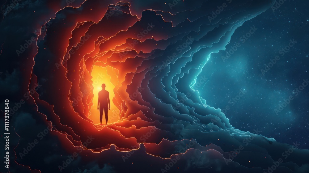 Silhouetted human figure emerges from a swirling ethereal portal of light and energy against a ...