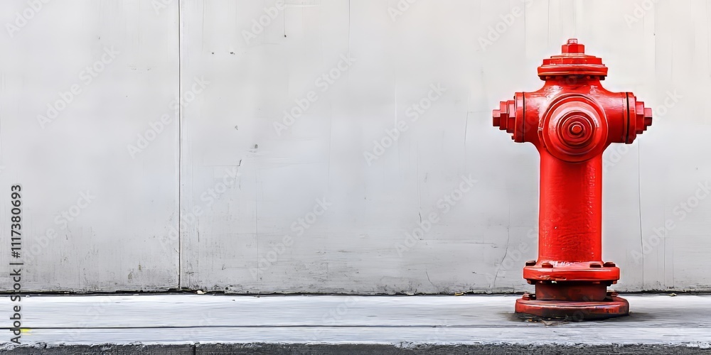 Bright red fire hydrant positioned on the curbside, with a blank wall ...
