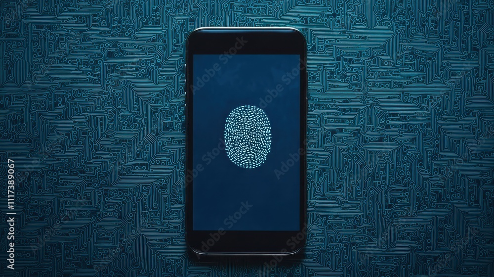 smartphone displaying biometric security app on circuit board ...