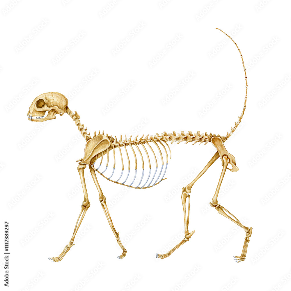 Cat skeleton with detailed bones on white background. Anatomy of a cat ...