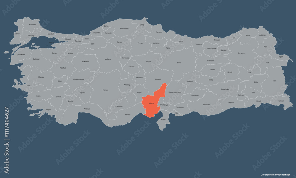 Map of Turkey Highlighting Adana Region with Labeled Provinces. Stock ...