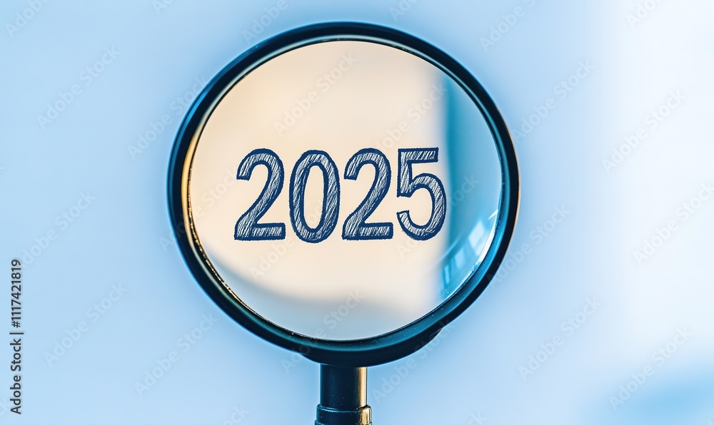 Futuristic Magnifying Glass with "2025" on White Background, Vision of ...