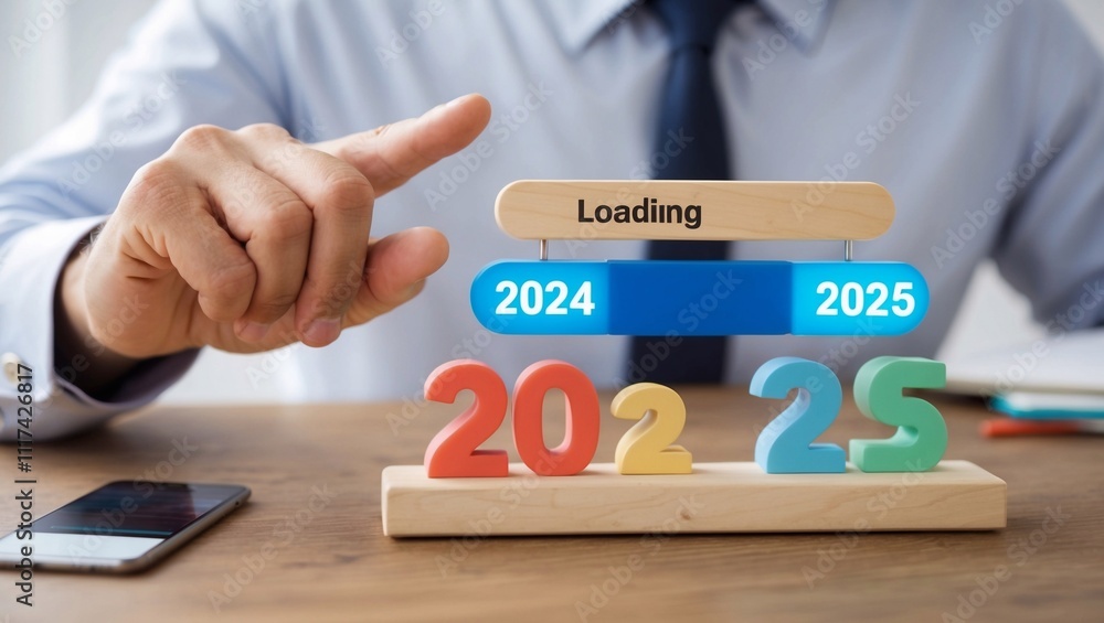 Progress and transition from 2024 to 2025 concept. A person pointing to ...