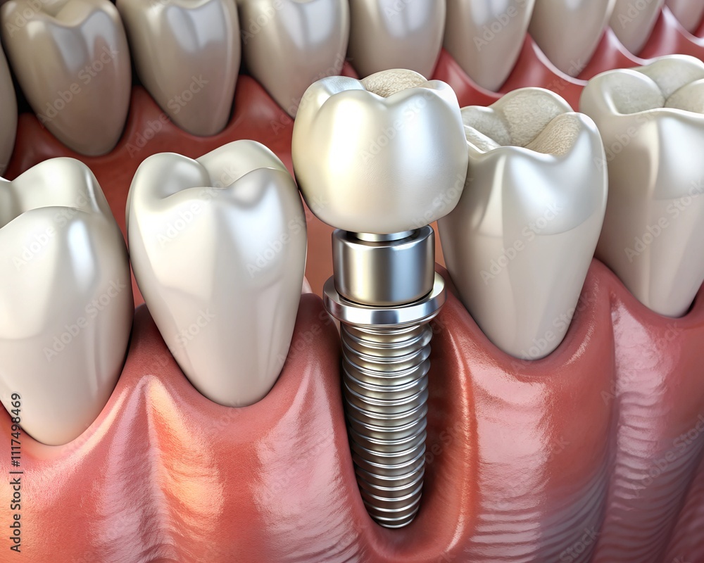 Close-up view showcasing a dental implant integrated into the jawbone ...