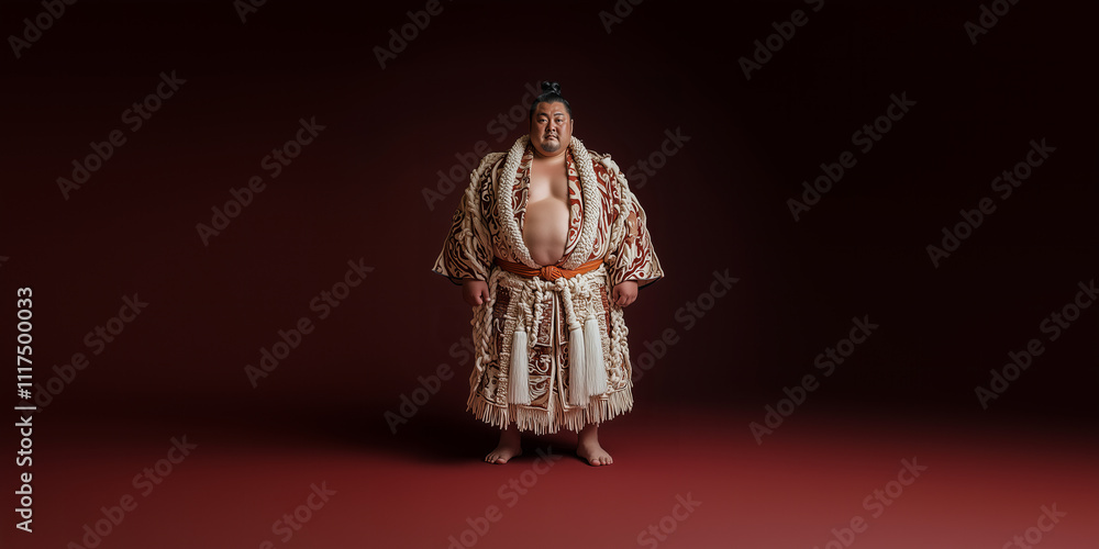 Sumo wrestler stands confidently in traditional attire, showcasing ...