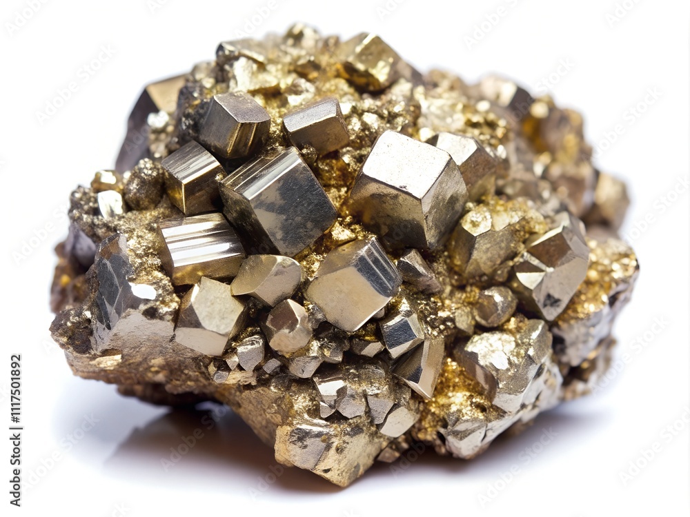 Exquisite pyrite crystals form an intricate cluster glistening with ...