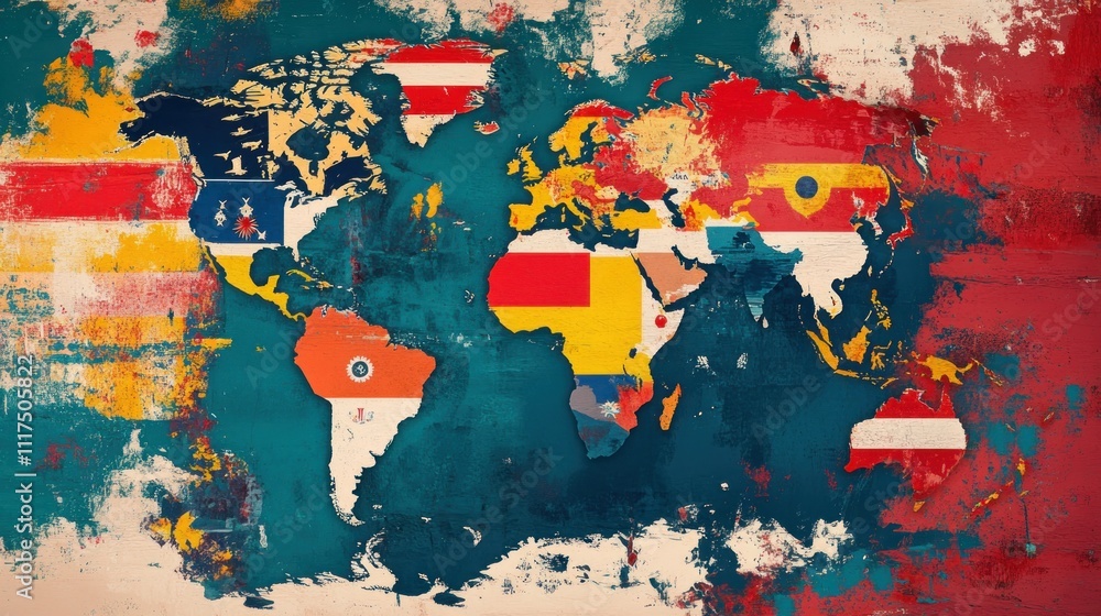 A colorful world map with the national flags of each country ...
