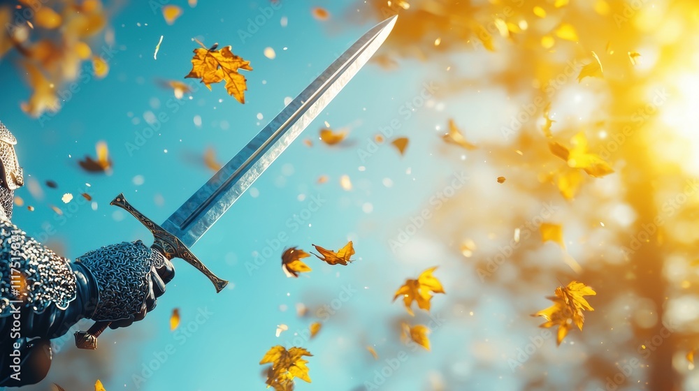 A courageous knight in shining armor, sword raised in defense of a ...