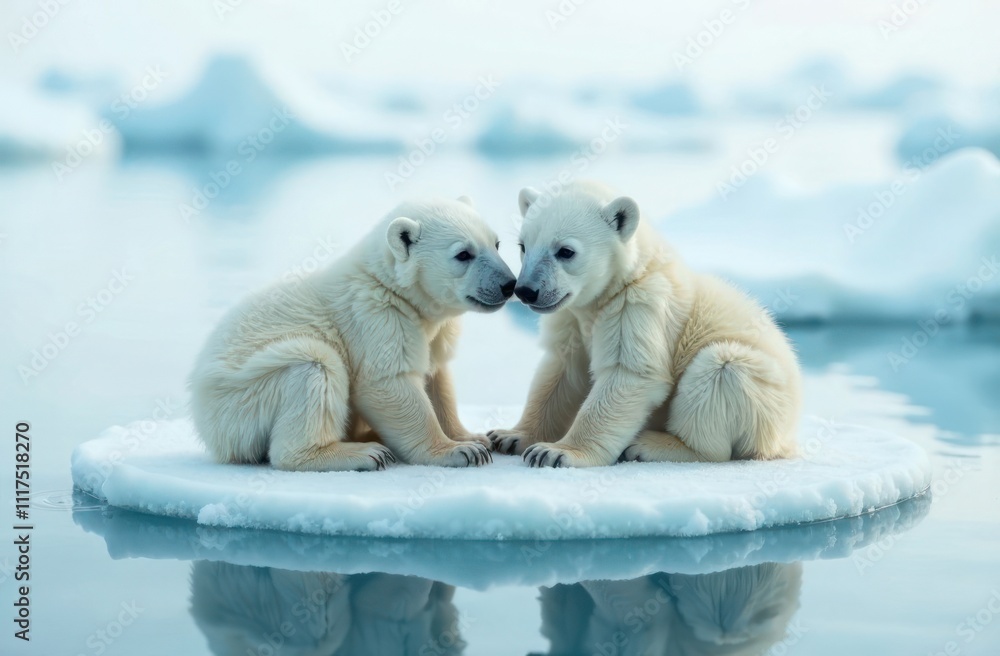 two little polar bear cubs huddling on small ice patch, surrounded by ...
