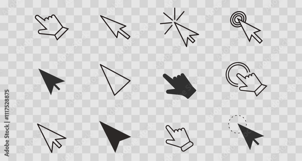 Mouse Click Cursors and Pointer set icon, line choice button. Click here, press ui indicator. Ux ...