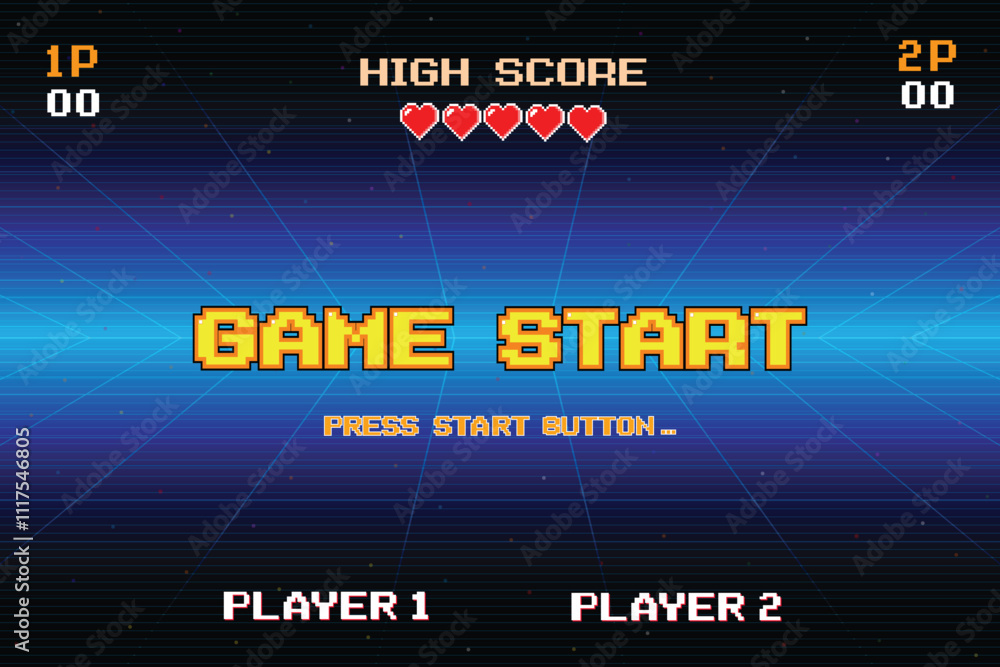 GAME START. pixel art. 8 bit game. retro game. for game assets in vector illustrations. arcade ...