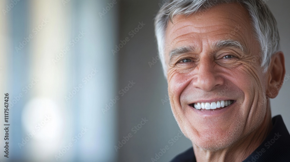 A cheerful old man shows off his well-groomed teeth with a bright smile ...