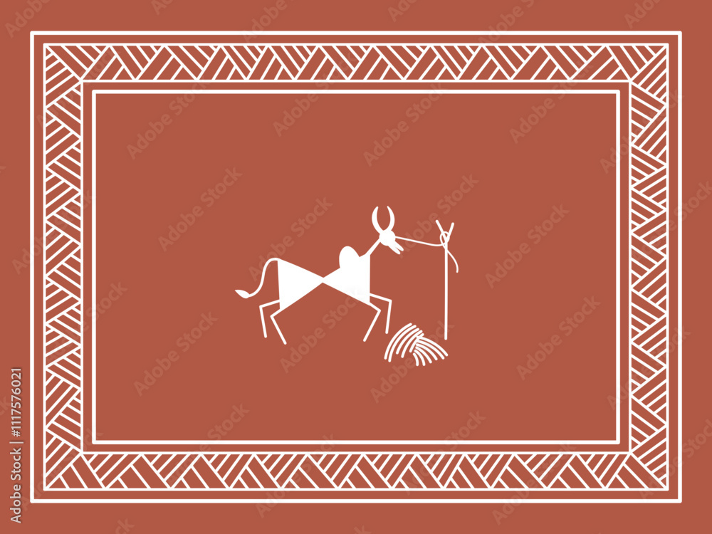 Farm animal - bull, tied near hay. Vector minimalistic illustration in ...