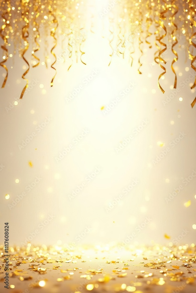 Vertical banner, poster of golden confetti and ribbon explosion with ...