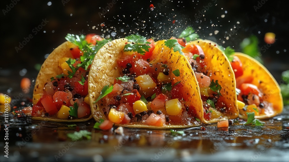 Taco in mid-air with vibrant colors and detailed texture, floating ...