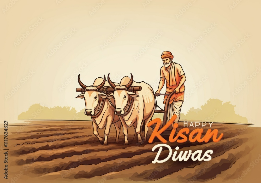 Happy Kisan Diwas Celebration with Traditional Indian Farmer and Oxen ...