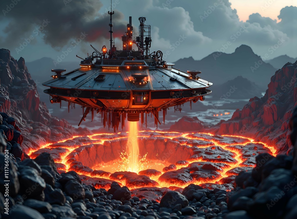 Futuristic hovercraft launching above an erupting volcano with lava and ...