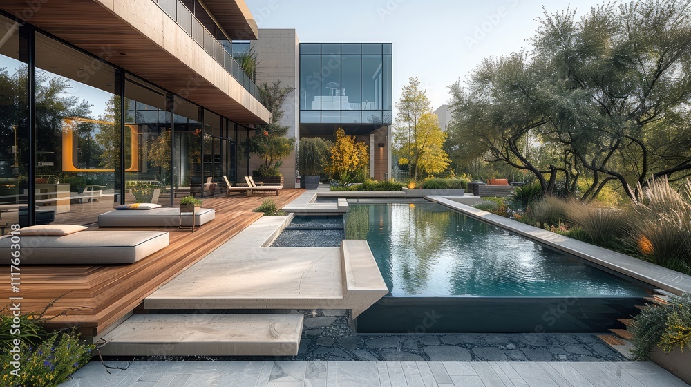 A large wild natural plaza featuring a large pool next to a wooden deck ...