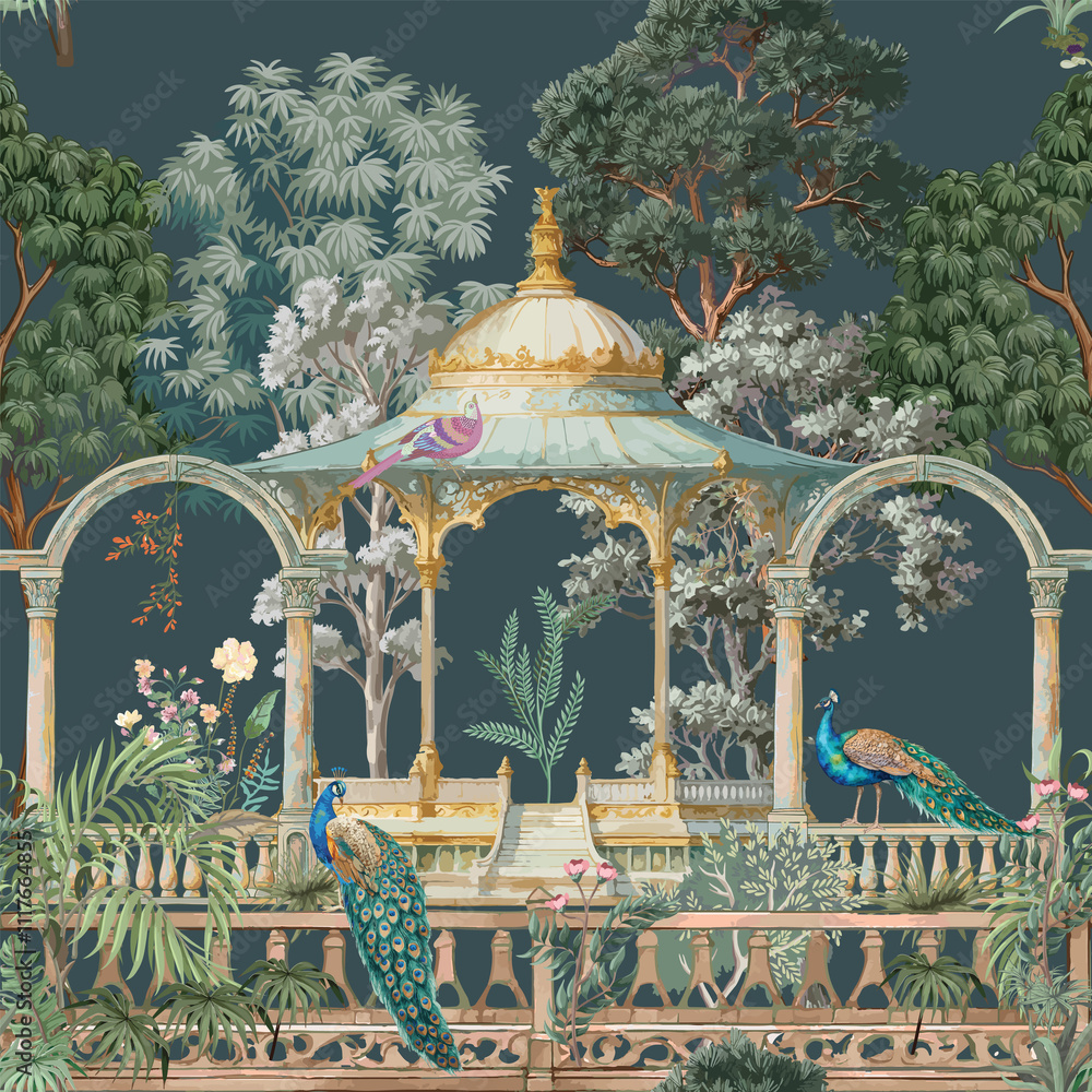 Classical Roman vintage garden with arch, peacock, plant and bird ...