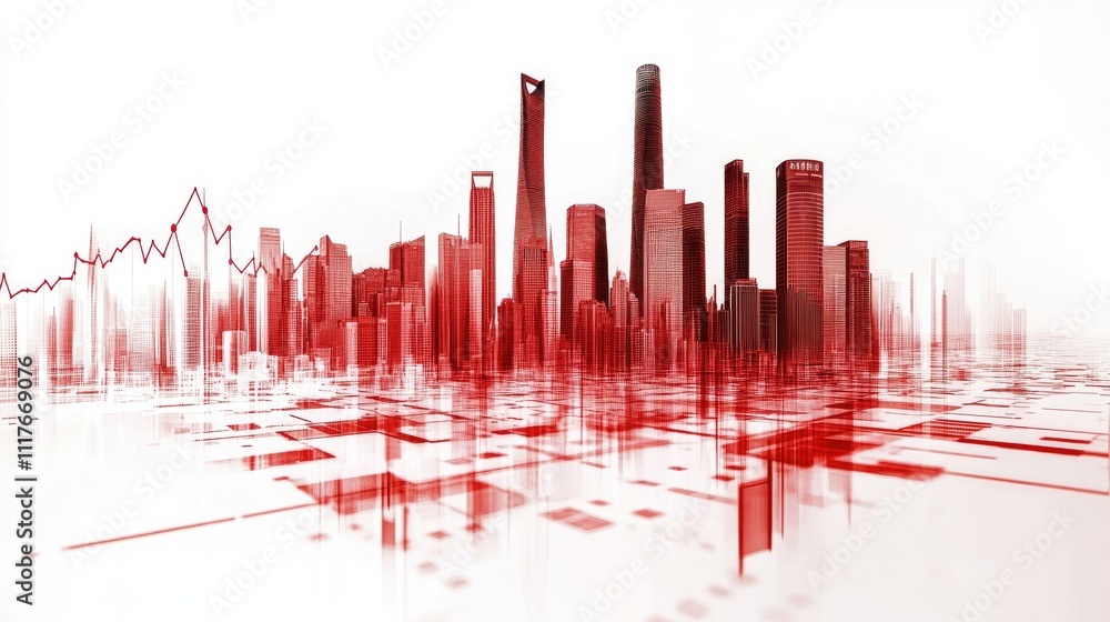 china flag Shanghai city economy isolated white background with graph ...