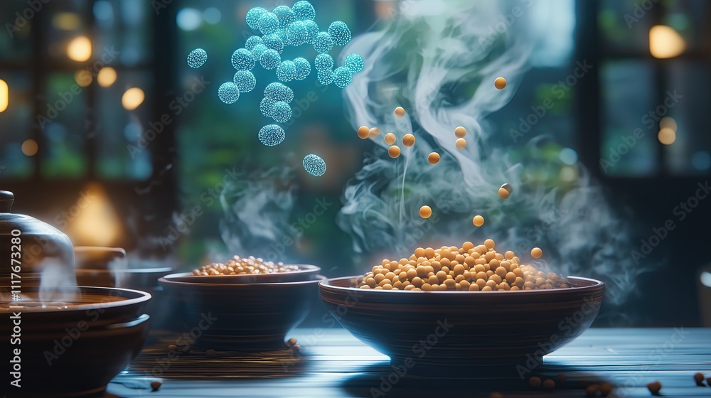 Zen garden with traditional natto fermentation process, Japanese ...