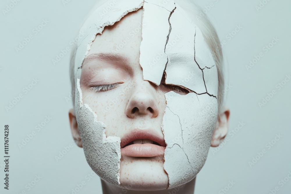 Modern sculpture portrait: fragmented face blending natural textures ...