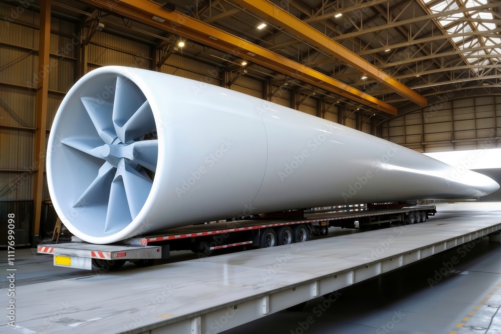 Wind Turbine Transport. Massive white wind turbine blade and nacelle ...