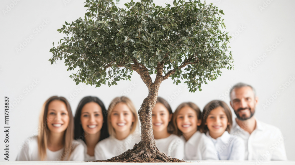 Family of six smiling behind a small tree symbolizes unity and growth ...
