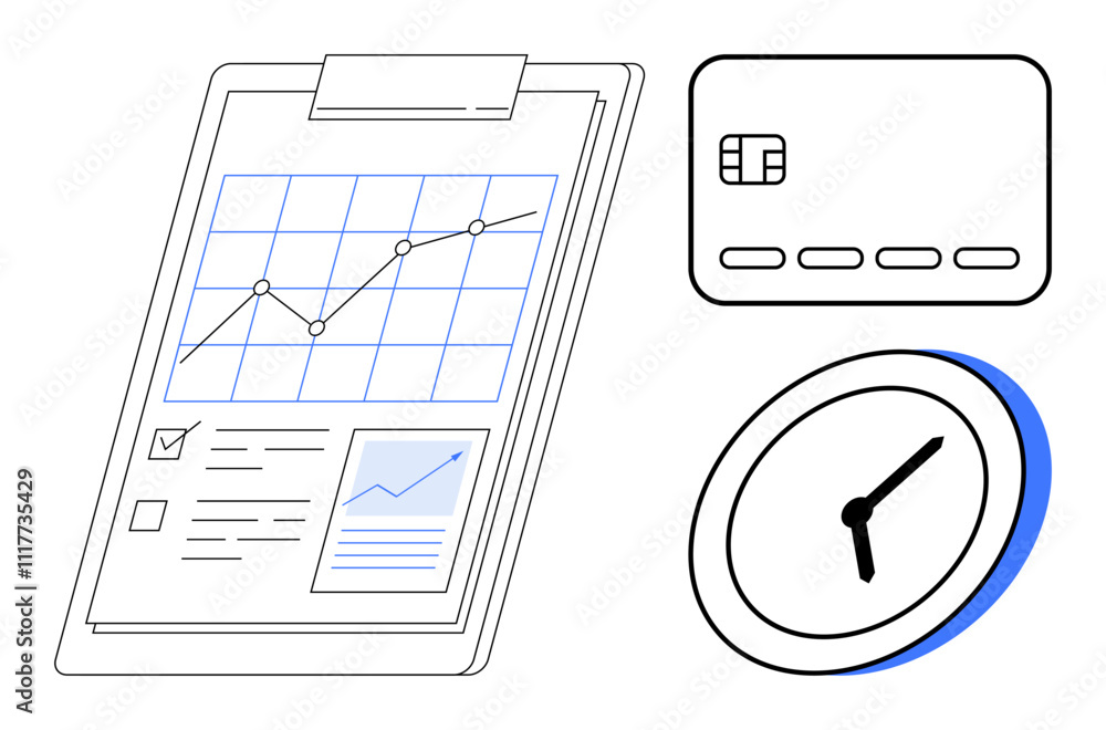Clipboard displaying upward graph and checklist, credit card, and ...