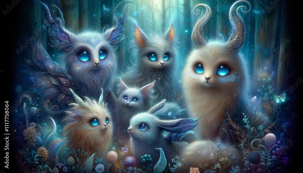 Whimsical animals with ethereal features like glowing eyes and ...