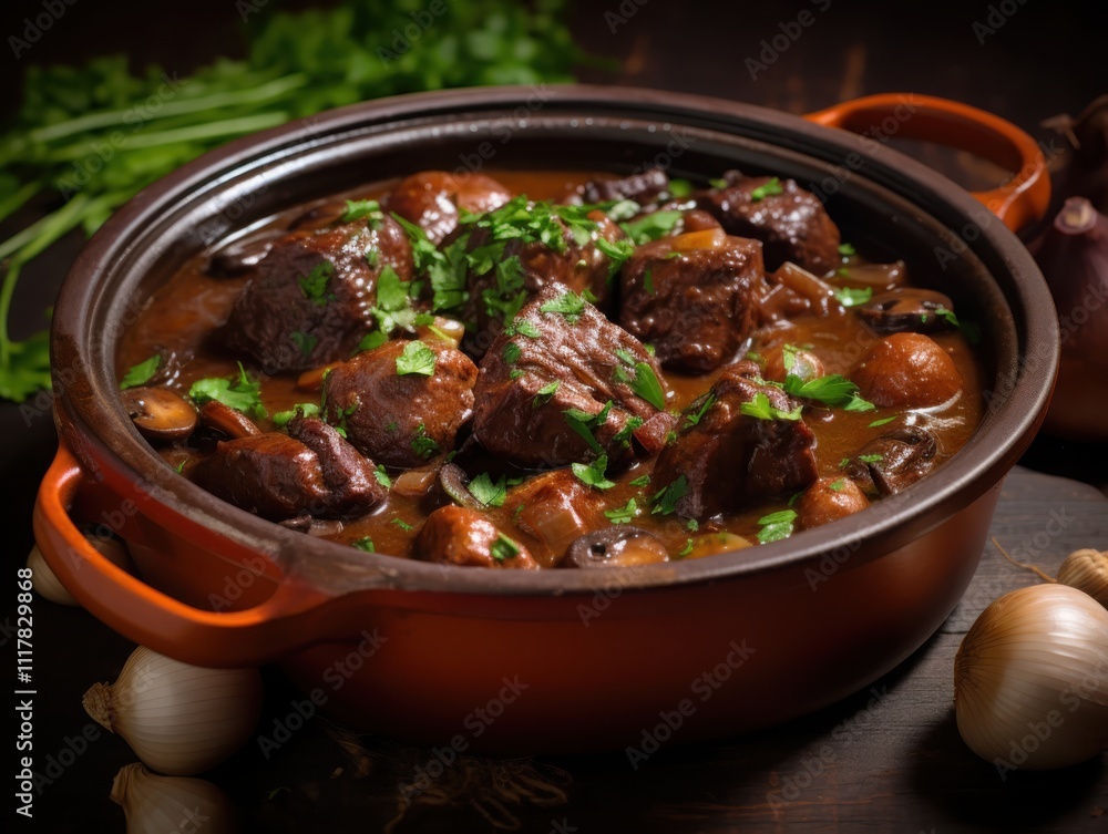 Slow cooking beef bourguignon in a french copper pot professional ...