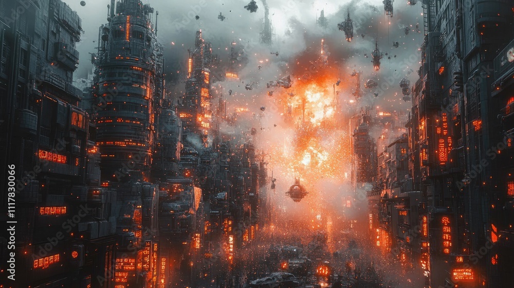 Futuristic City Under Siege Explosive Sci-Fi Metropolis with Drones and ...