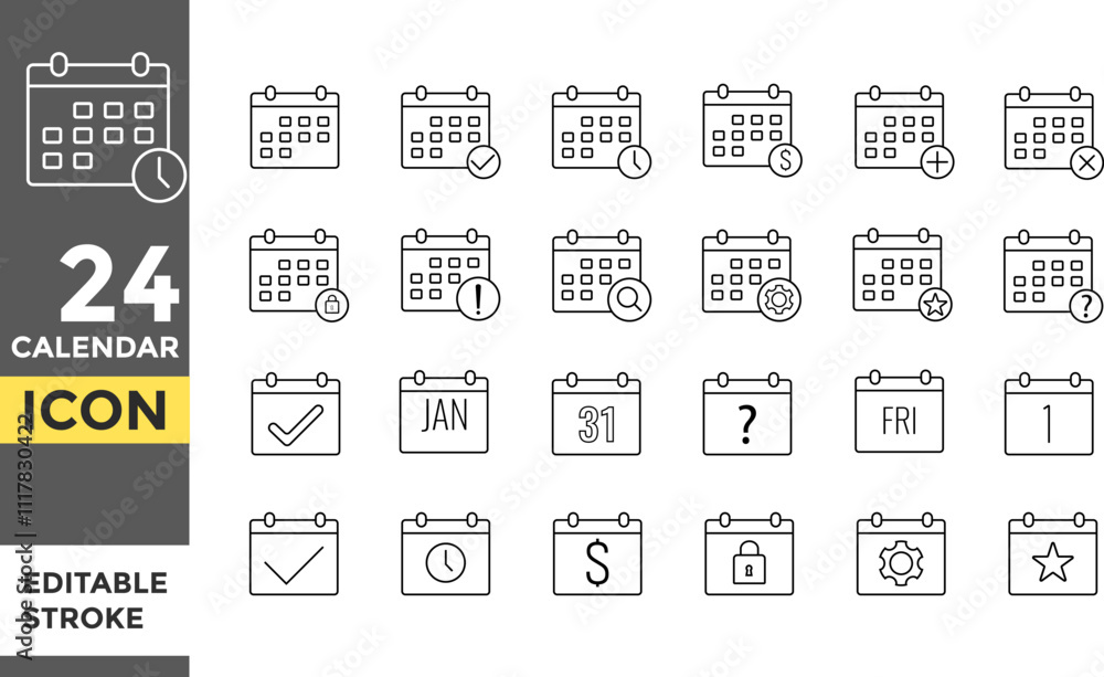 Calendar Editable line stroke icon set. Calendar symbols isolated ...