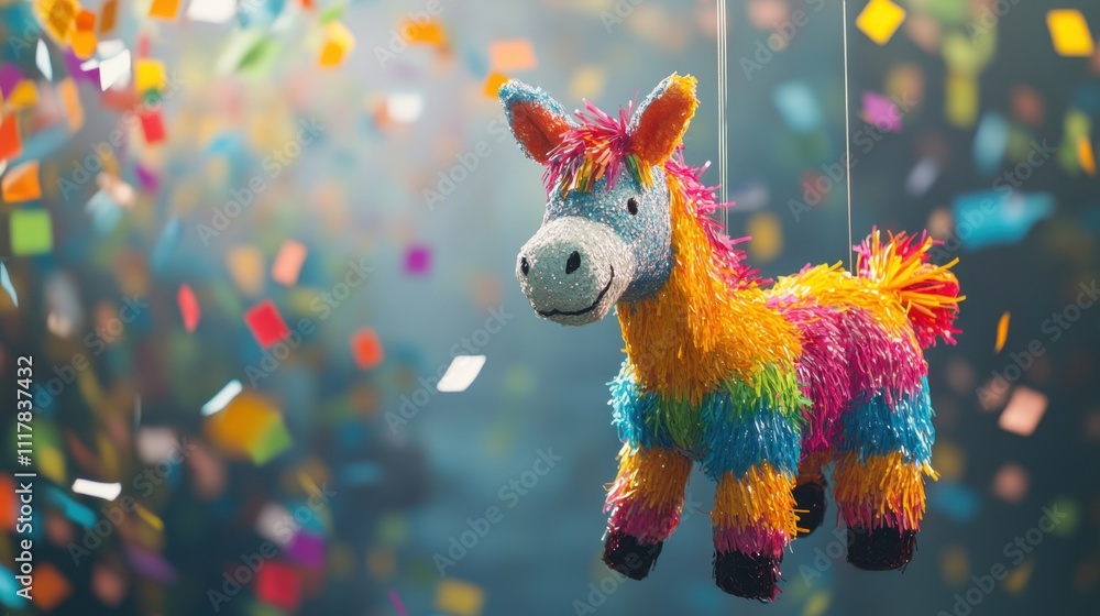 Las Posadas Colorful donkey pinata with confetti background for festive ...
