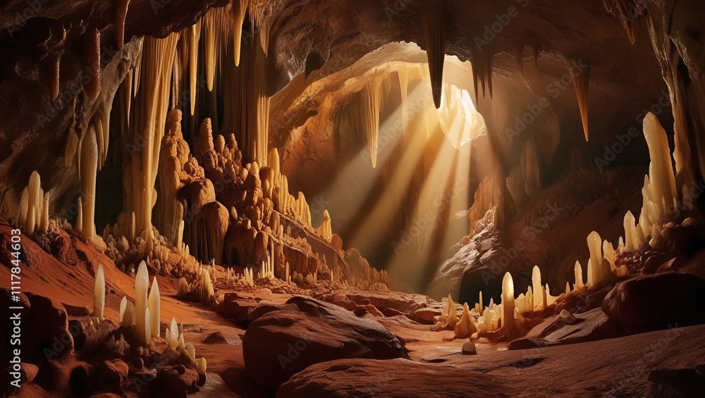 A breathtakingly majestic cave with towering, ancient stalactites ...