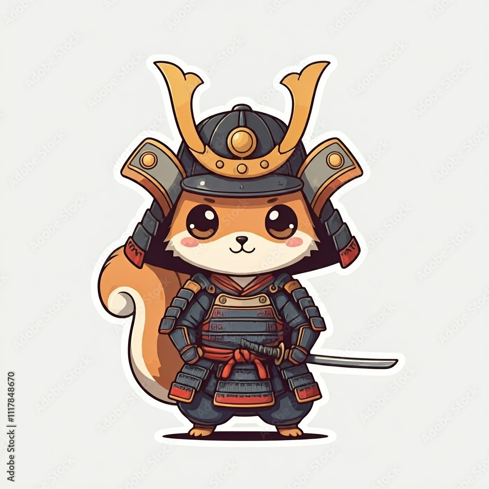 Chibi squirrel samurai, wearing a tiny armor and helmet, holding a ...