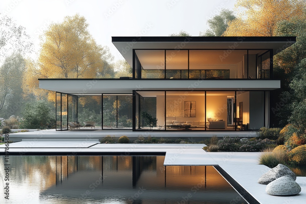 Modern Two-Story Glass House with Infinity Pool and Autumnal Landscape ...