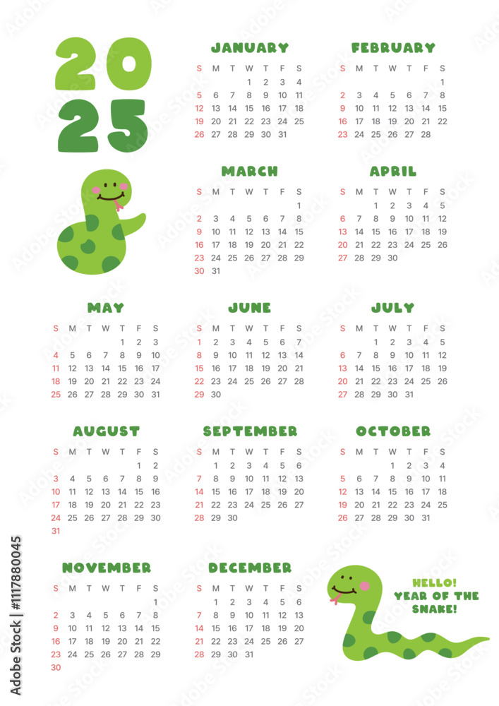 An illustration of a 2025 yearly calendar with a cute snake character ...