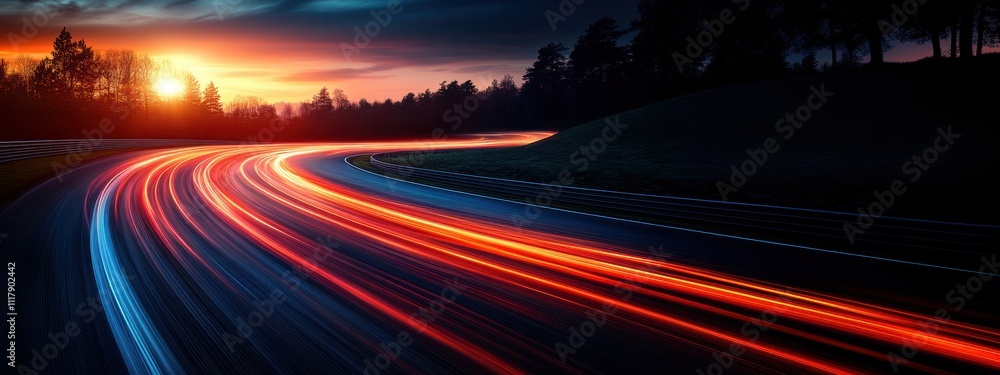 Race car speeds around winding track at sunset, leaving trail of ...