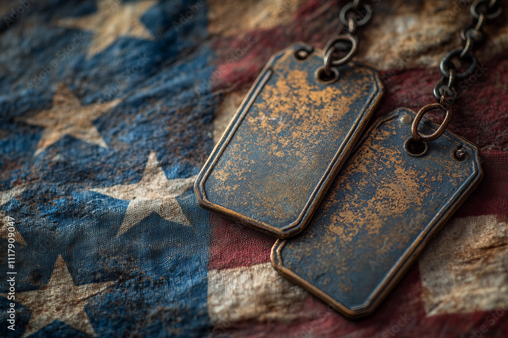 Generative AI Image of Weathered Military Dog Tags on Worn American ...