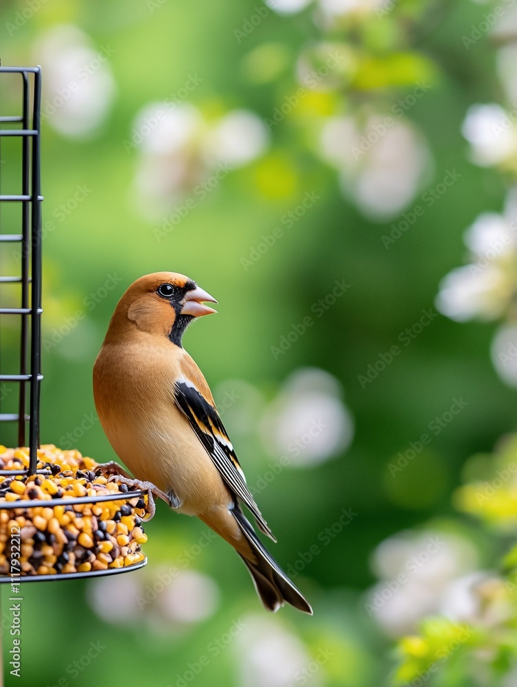 Hawfinch bird feeding on seeds at a bird feeder in a garden. Stock ...