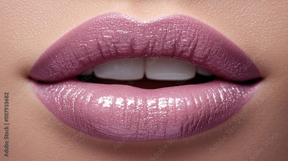 The image features a detailed close-up of permanent lip makeup ...