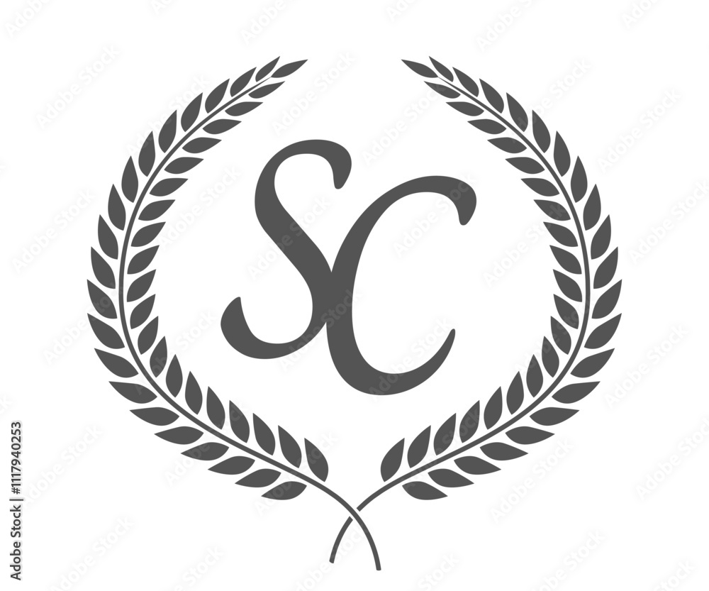 Initial letter S and C, SC monogram logo design with laurel wreath ...