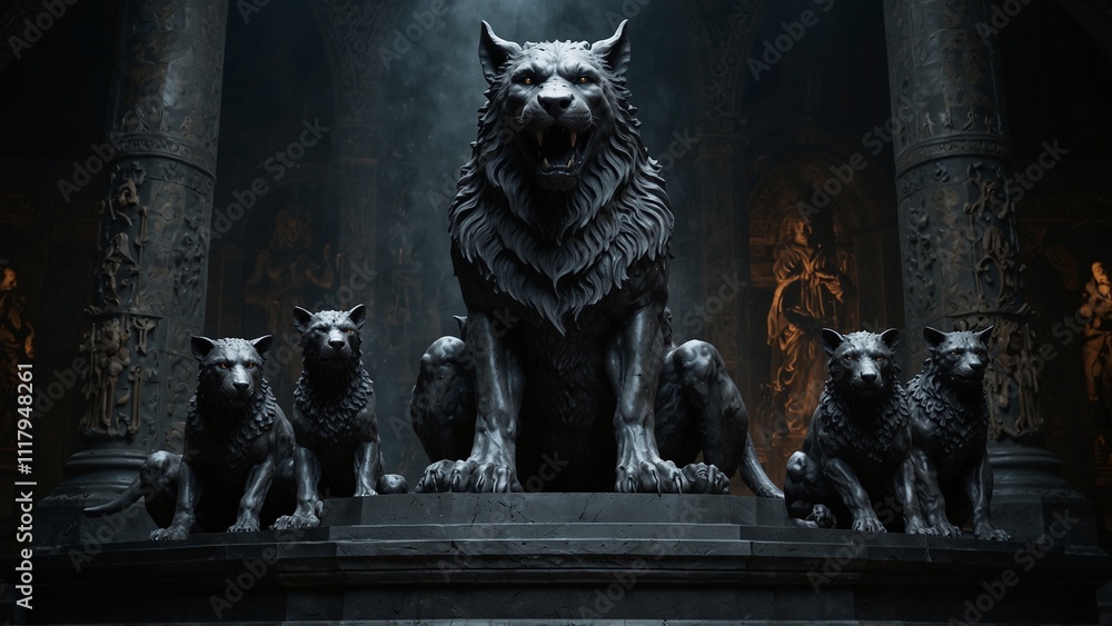 Statue of Cerberus, holding a trident in both hands, surrounded by ...
